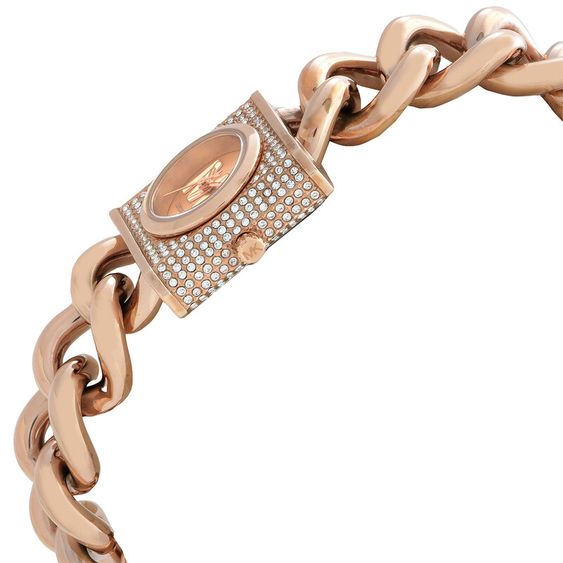 Michael Kors MK Chain Lock Quartz Crystal Rose Gold Dial Ladies Watch ...