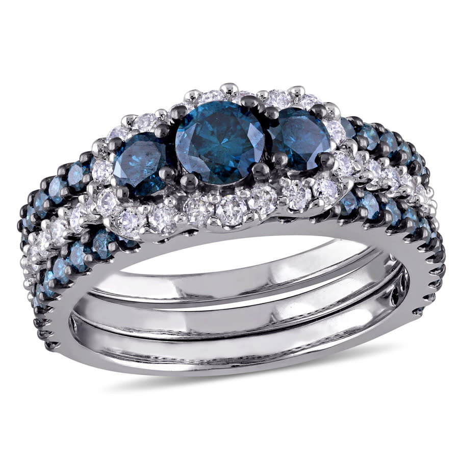 Amour 2 CT TW Blue and White Diamond 3-sTone Cluster 3-pc Bridal Ring ...