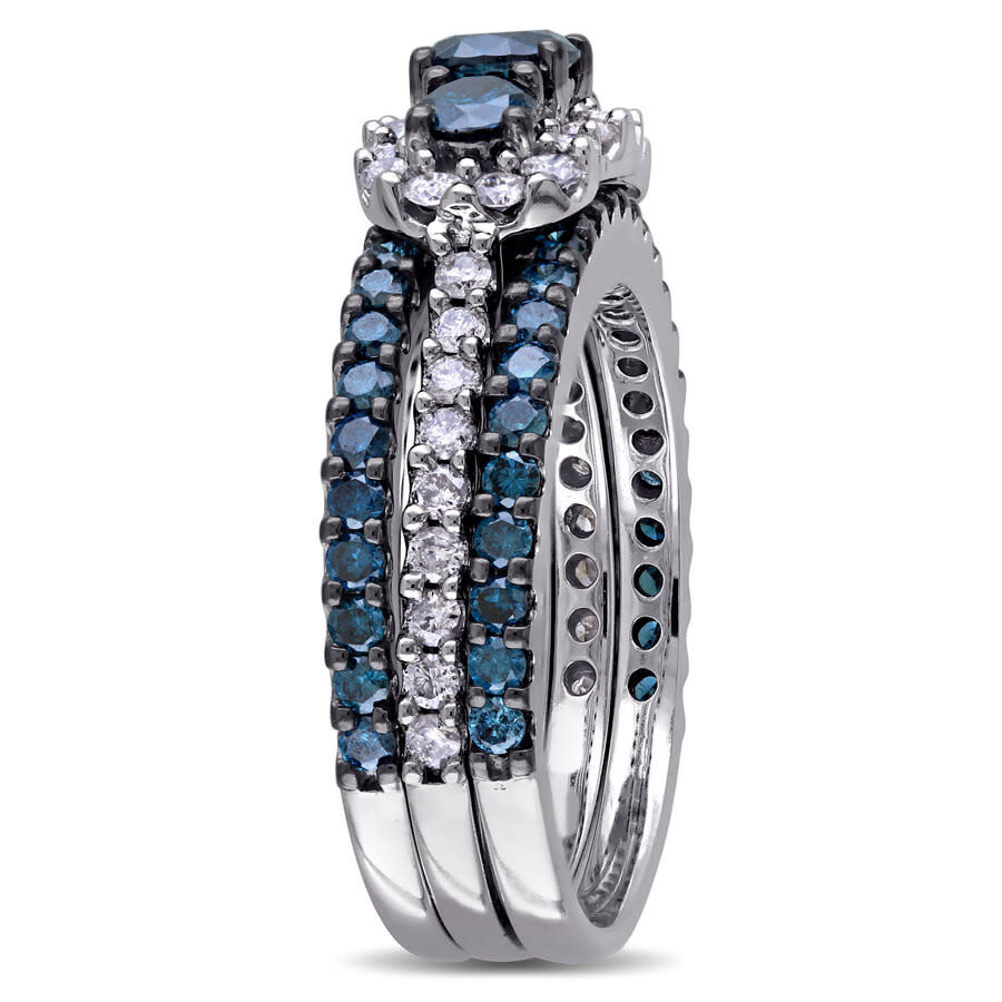 Amour 2 CT TW Blue and White Diamond 3-sTone Cluster 3-pc Bridal Ring ...
