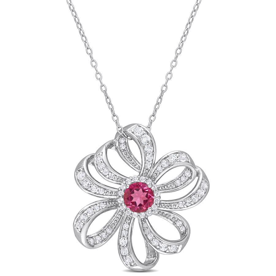 Amour 2 3/4 CT TGW Pink Topaz and White Topaz Flower Pendant with Chain ...