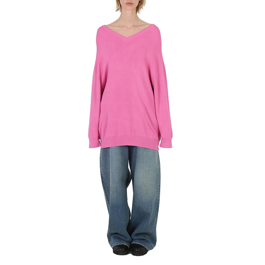 Balenciaga Ladies Pink Oversized V-Neck Knit Sweater, Brand Size 1 (X ...