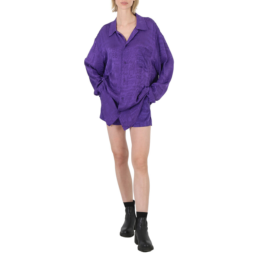 Balenciaga Violet Long-Sleeve Allover Logo Minimal Shirt, Brand Size 34 ...