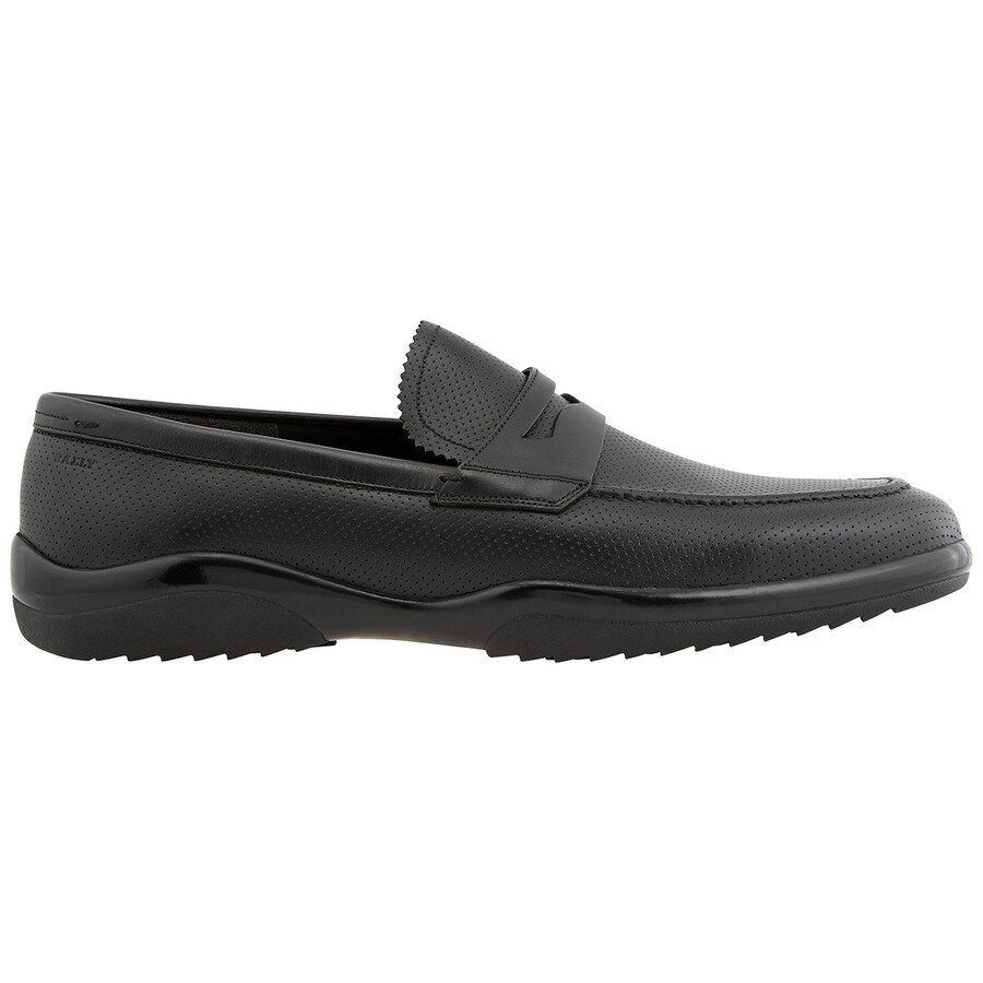 Bally Men's Michigan Black Leather Perforated Penny Loafers, Brand Size ...