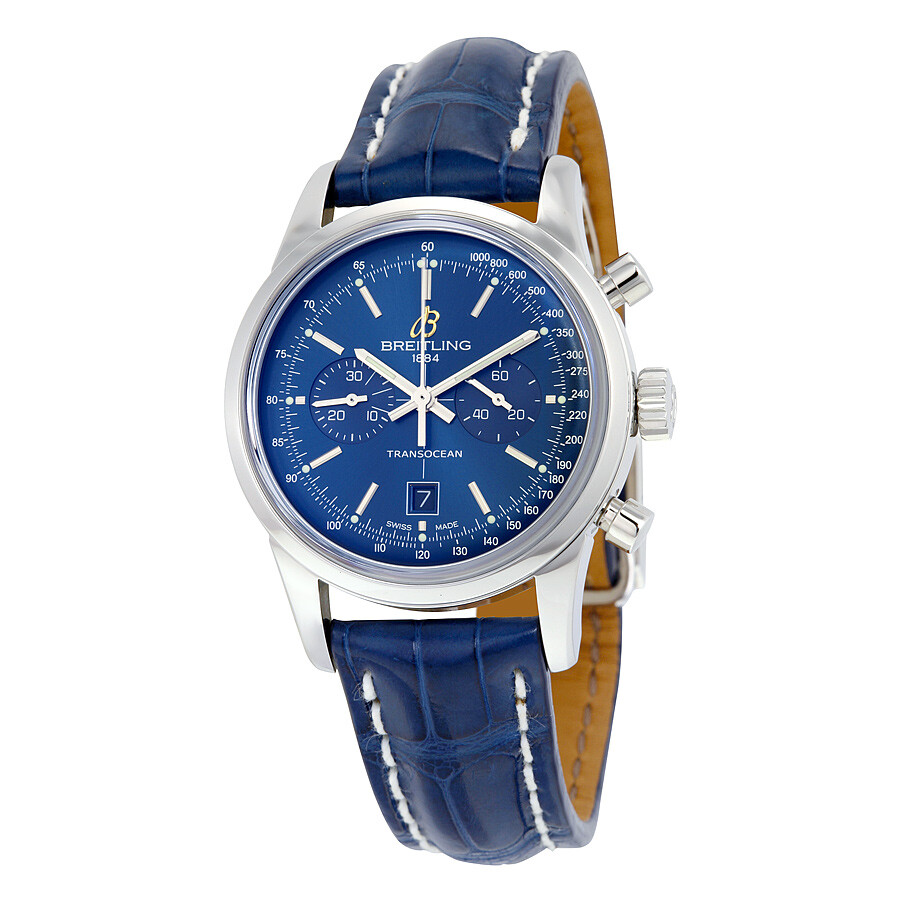 Breitling Transocean Chronograph Automatic Blue Dial Blue Leather Men's ...