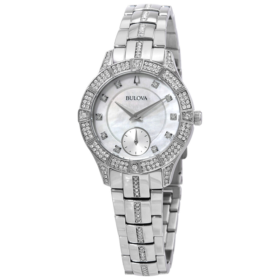 Bulova Quartz Crystal White Mother of Pearl Dial Ladies Watch 96L291 ...