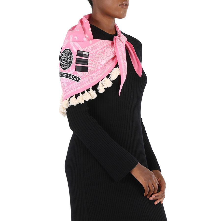 Burberry Candy Pink Badge Applique Tassel Cotton Bandana Scarf 8045261 ...