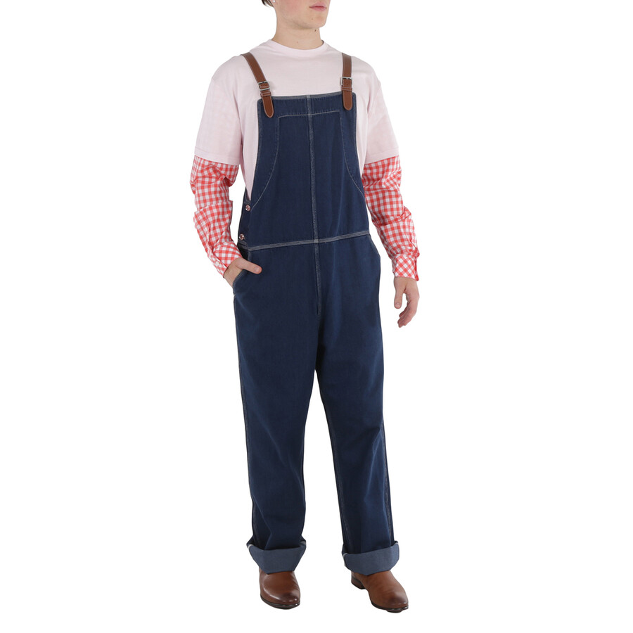 Burberry Dark Canvas Blue Leather-Trim Denim Dungarees, Brand Size 52 ...