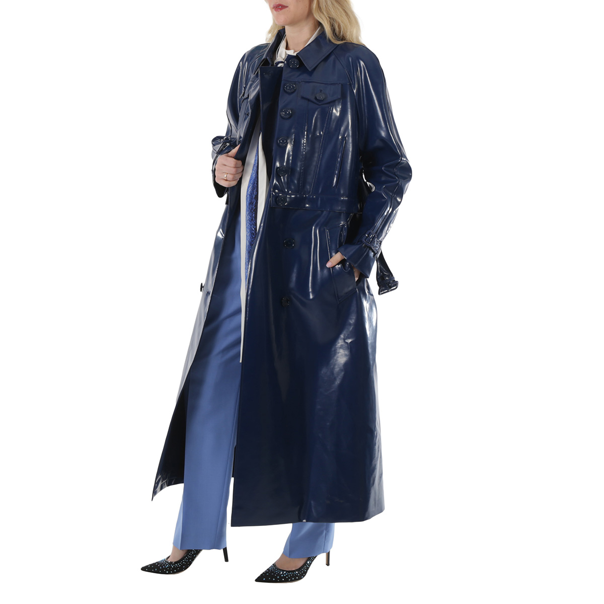 Burberry Ink Blue Jacket Detail Rubberized Cotton Trench Coat, Brand ...