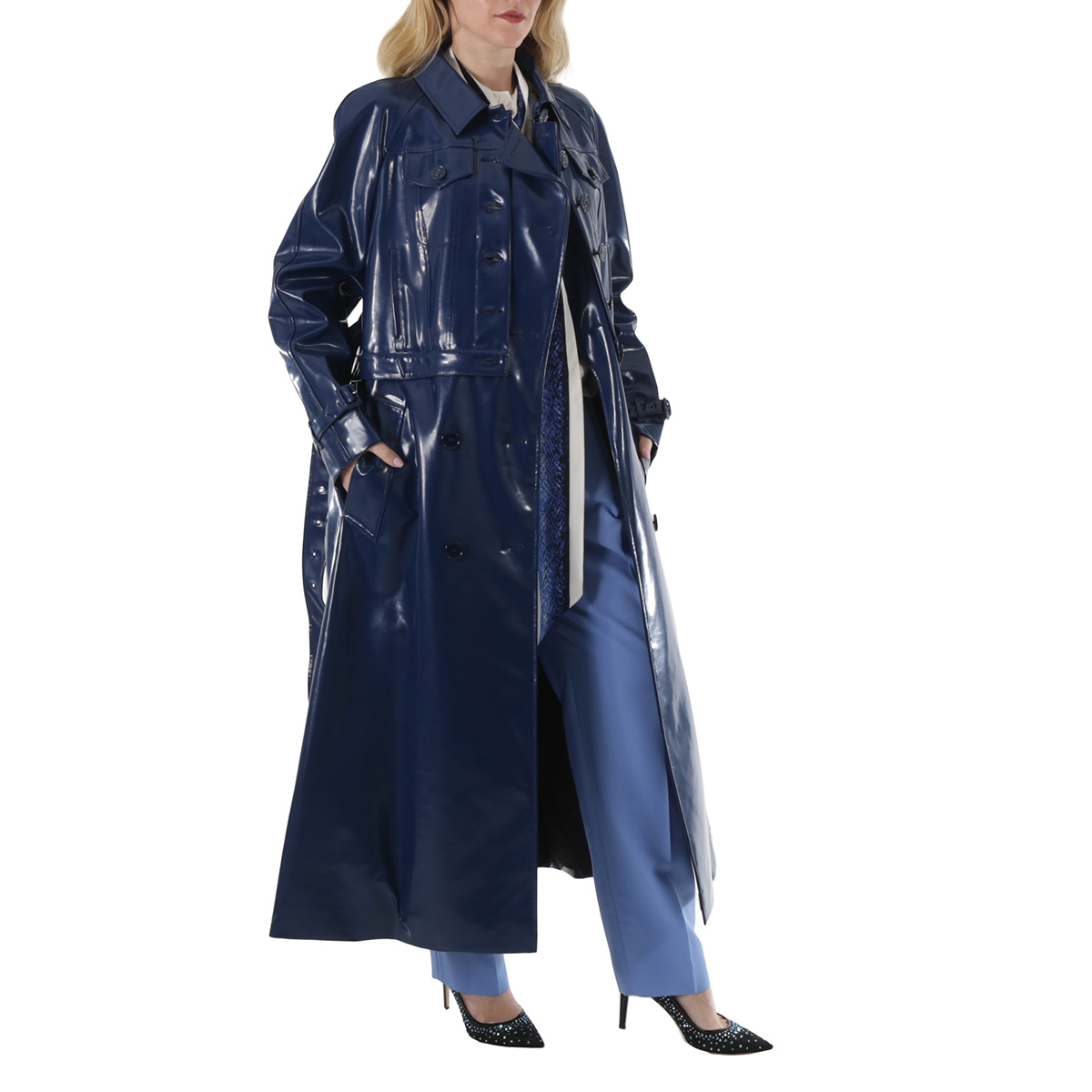 Burberry Ink Blue Jacket Detail Rubberized Cotton Trench Coat, Brand ...