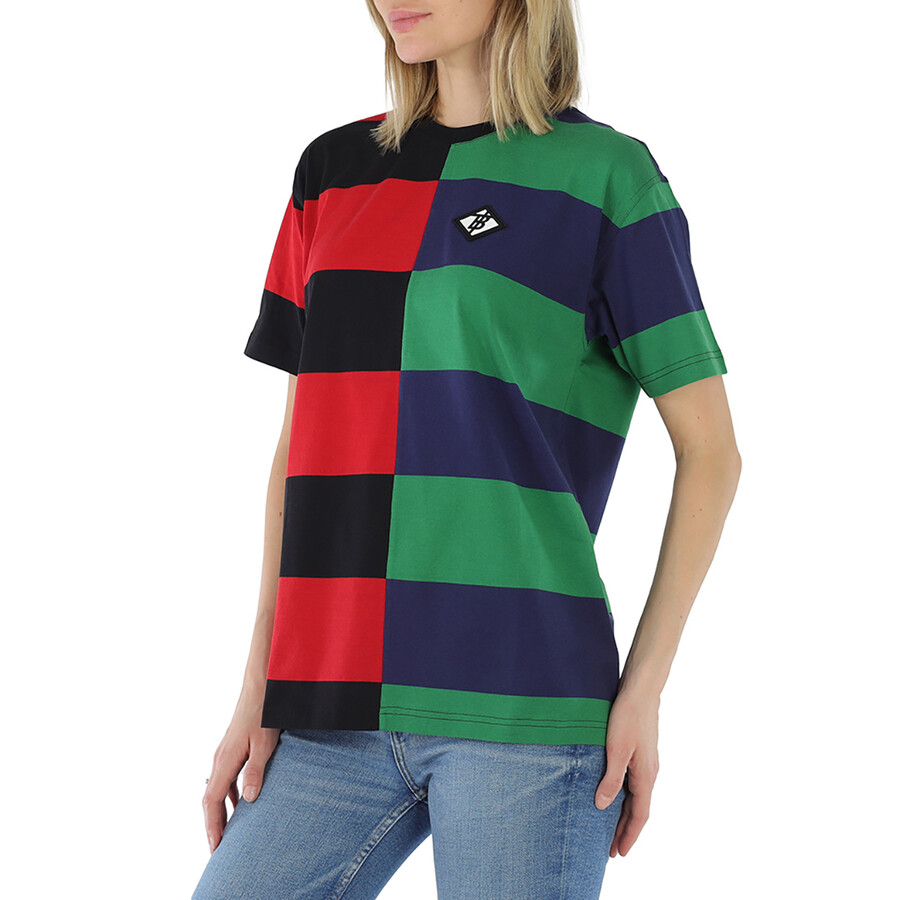 Burberry Ladies Bright Red Carrick Embroidered Logo Rugby Stripe Tee ...