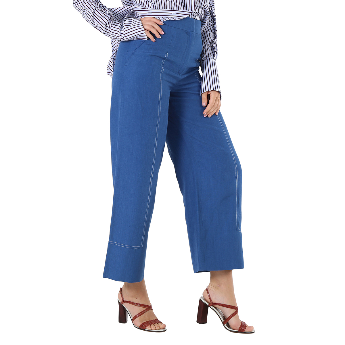 Burberry Ladies Dark Cerulean Blue Wide-Leg Topstitched Mohair Linen ...