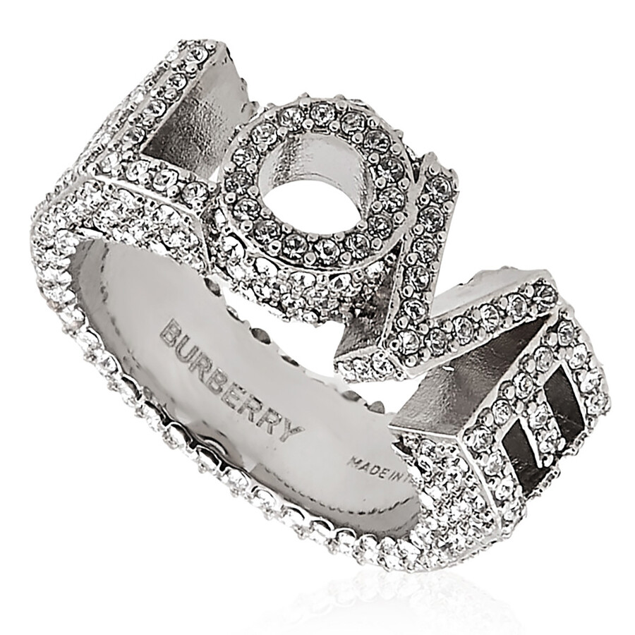 Burberry Ladies Silver Crystal And Palladium-Plated Love Ring, Size ...