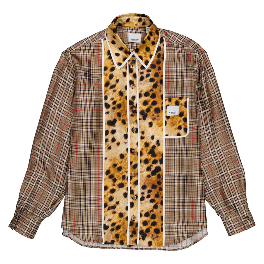 Burberry Leopard Fawn Check Print Silk Logo Oversized Blouse, Brand ...