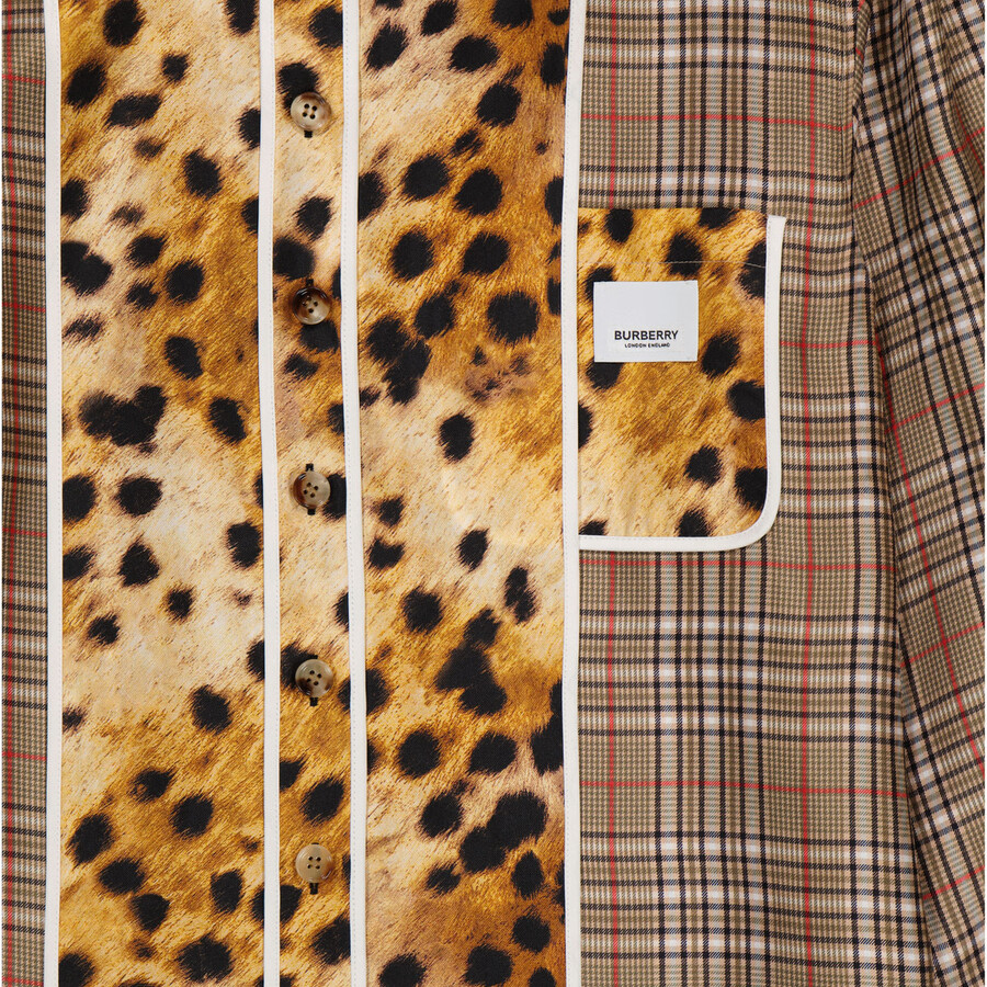 Burberry Leopard Fawn Check Print Silk Logo Oversized Blouse, Brand ...