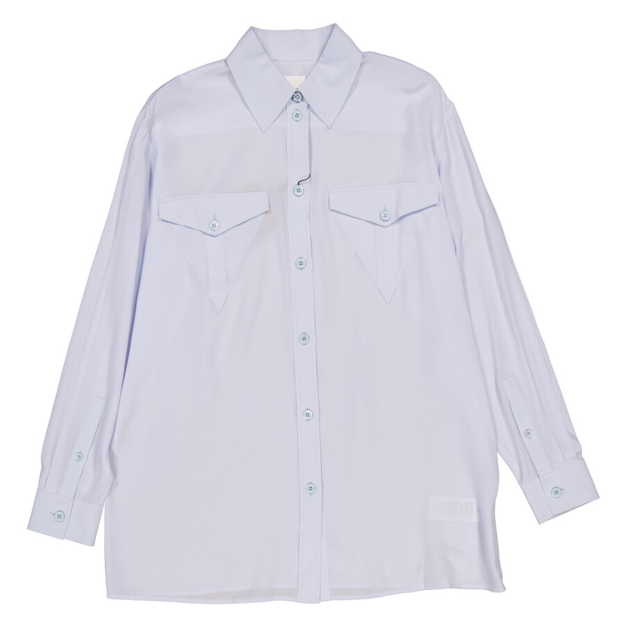 Burberry Pale Blue Irem Silk Crepe De Chine Logo Detail Oversized Shirt ...