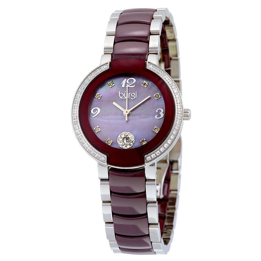 Burgi Mother of Pearl Dial Burgundy Ceramic Ladies Watch BUR072BR ...