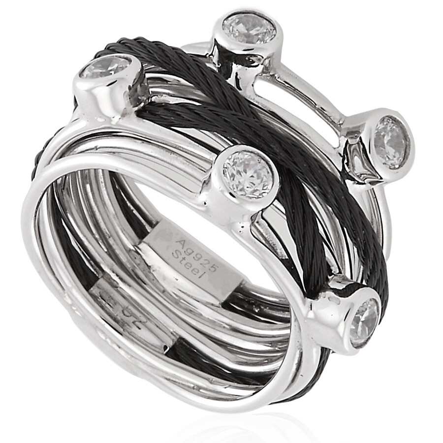 Charriol Tango White CZ Stones Steel Black PVD Cable Ring, Size 52 02 ...