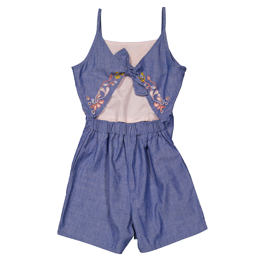 Chloe Girls Chambray Cotton Floral-Embroidered Denim Romper, Size 8Y ...