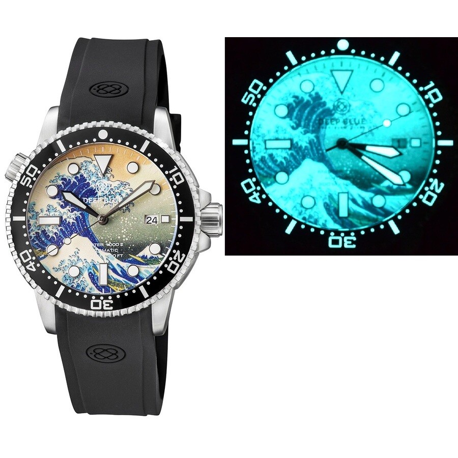 Deep Blue Master 1000 Wave Dial Automatic Men's Watch M1KBLACKKANAGAWA ...