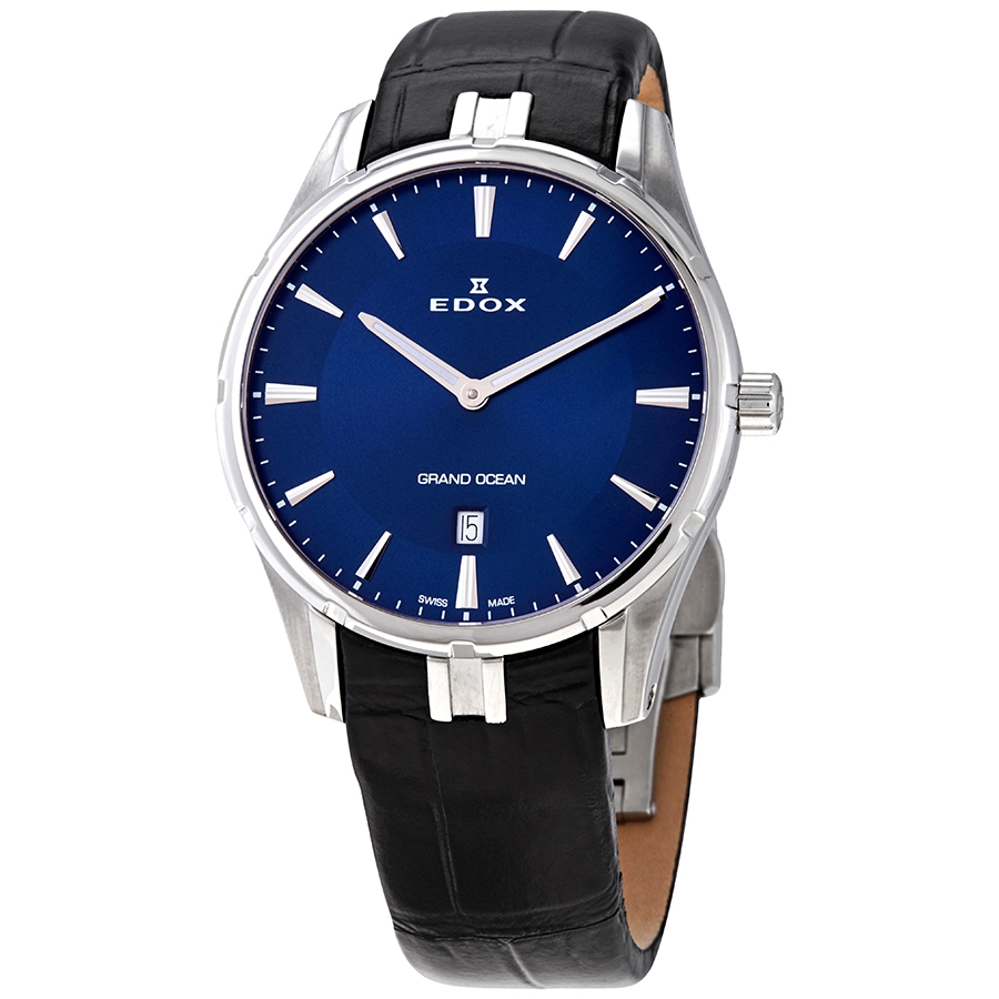 Edox Grand Ocean Navy Dial Black Leather Men's Watch 56002 3C BUIN ...