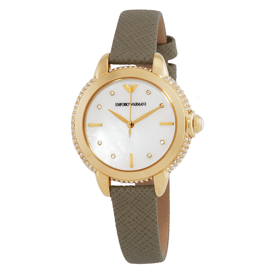 Emporio Armani Quartz Crystal White Mother of Pearl Dial Ladies Watch ...