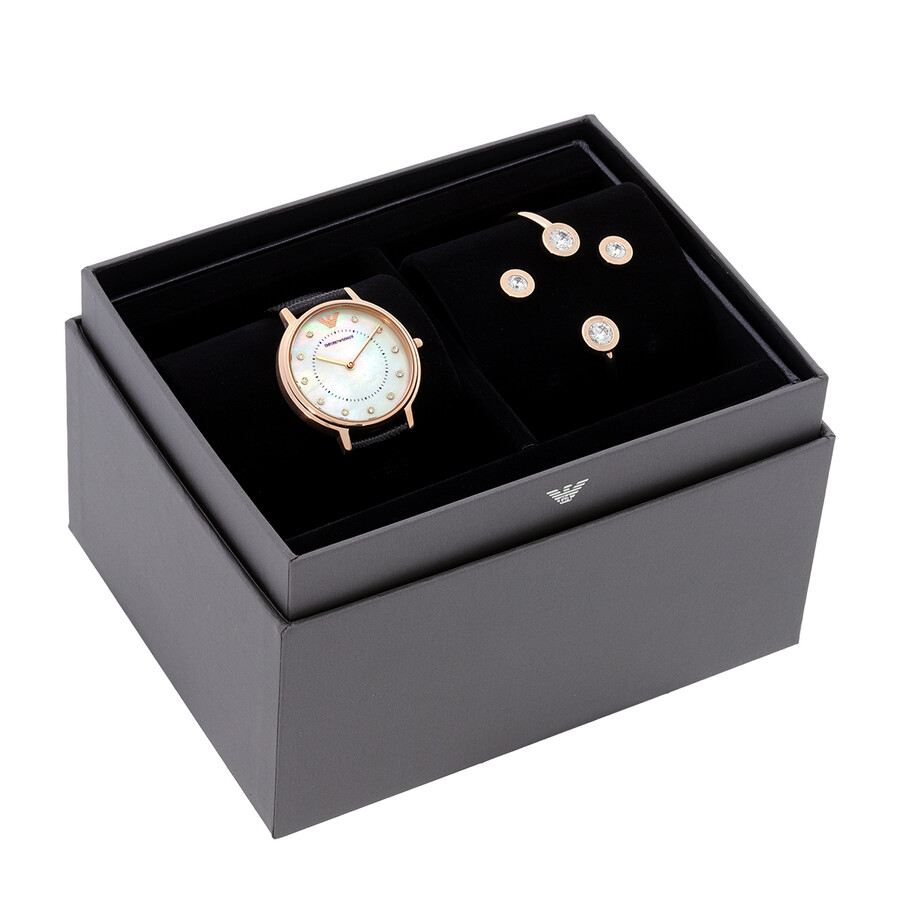 Emporio Armani Quartz Crystal White Mother of Pearl Dial Ladies Watch ...