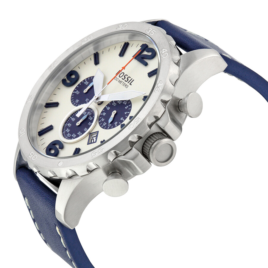 Fossil Nate Chronograph Beige Dial Navy Blue Leather Men's Watch JR1480 ...