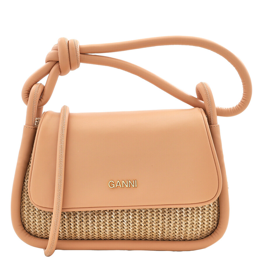 Ganni Ladies Tan Knot Flap Over Woven Raffia Top Handle Bag A4897-895 ...