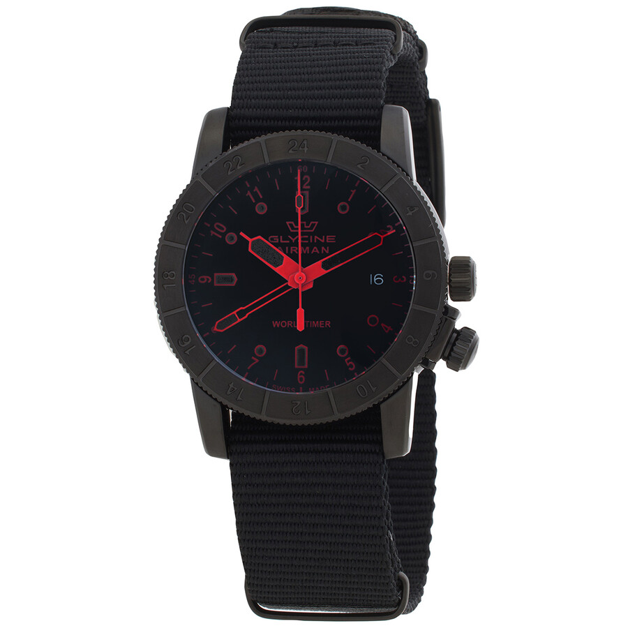 Glycine Airman Contemporary Worldtimer GMT Quartz Black Dial Men's ...