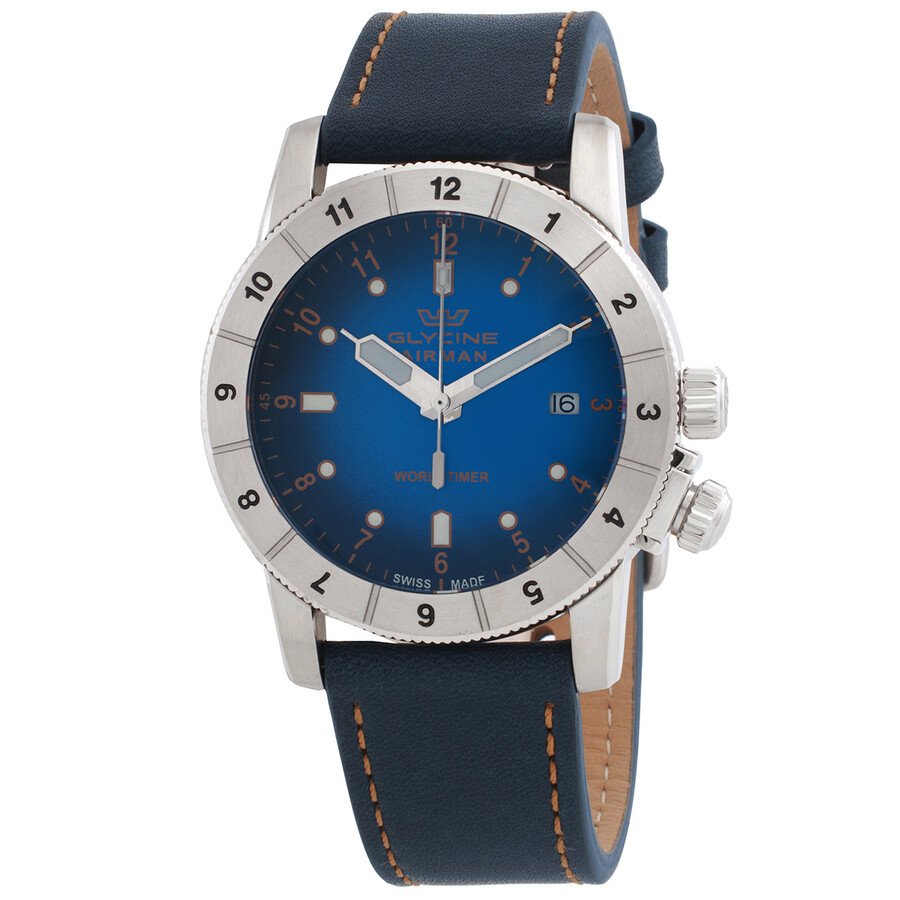 Glycine Airman Contemporary Worldtimer Quartz Blue Dial Men's Watch ...