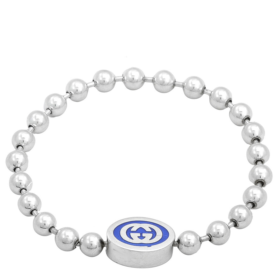 Gucci Interlocking G Boule Chain Sterling Silver Blue Enamel Bracelet, Size 18 YBA753437001 ...