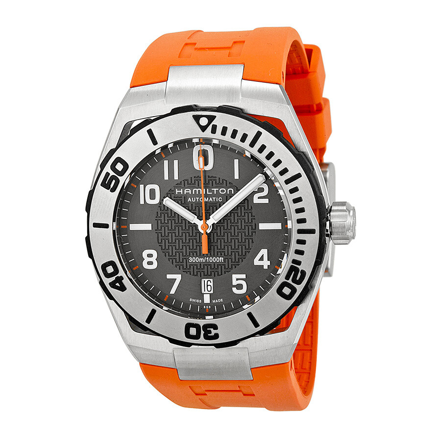 Hamilton Navy Sub Black Dial Stainless Steel Case Orange Rubber Strap ...