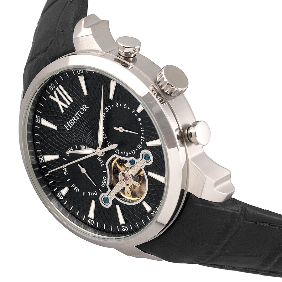 Heritor Arthur Automatic Black Dial Black Leather Men's Watch HR7902 ...