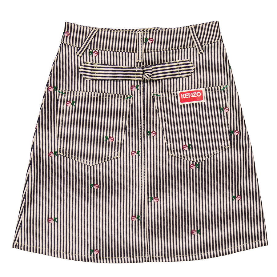 Kenzo Ladies Rinse Blue Denim Rinse Striped Floral Mini Skirt, Waist ...