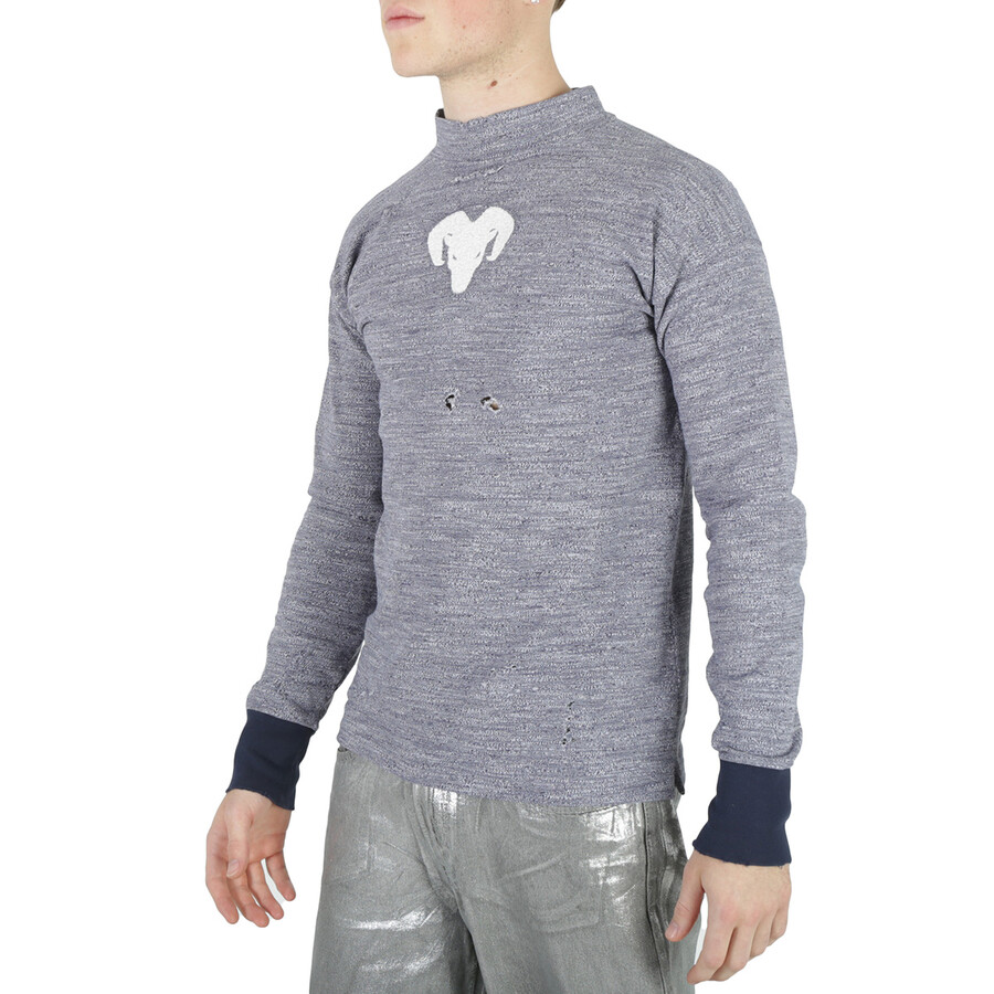 Maison Margiela Navy Distressed Ram Print High-Neck Jumper, Brand Size ...