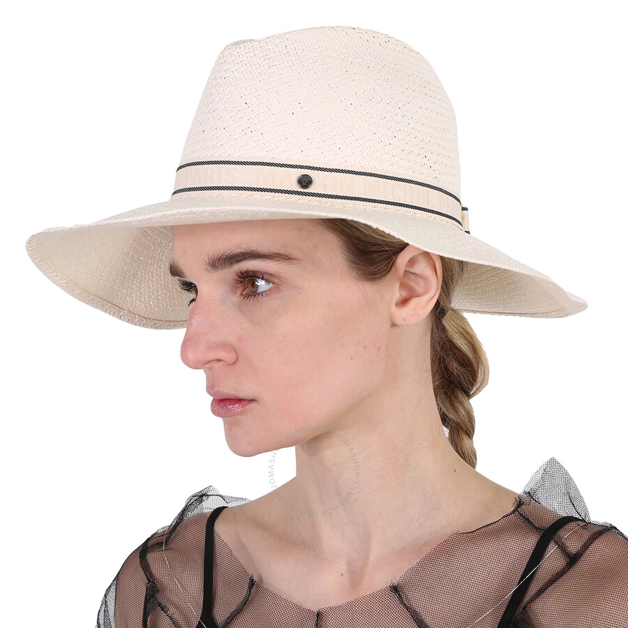 Maison Michel Ladies White Kate Herrbone Straw Fedora Hat, Size Medium ...