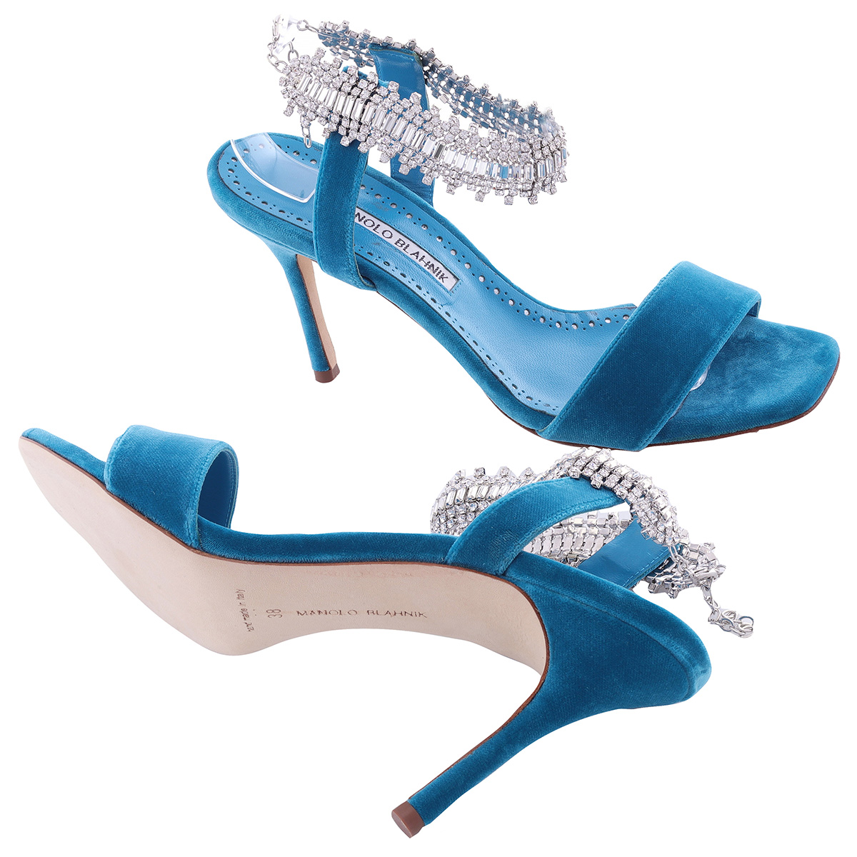 Manolo Blahnik Blue Parinasan Crystal Strap Sandals, Brand Size 40 ( US ...