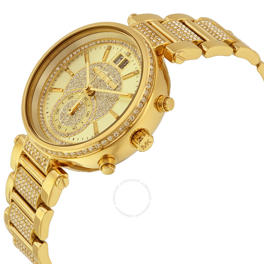 Michael Kors Sawyer Champagne Crystal Pave Dial Gold-Tone Steel Ladies ...