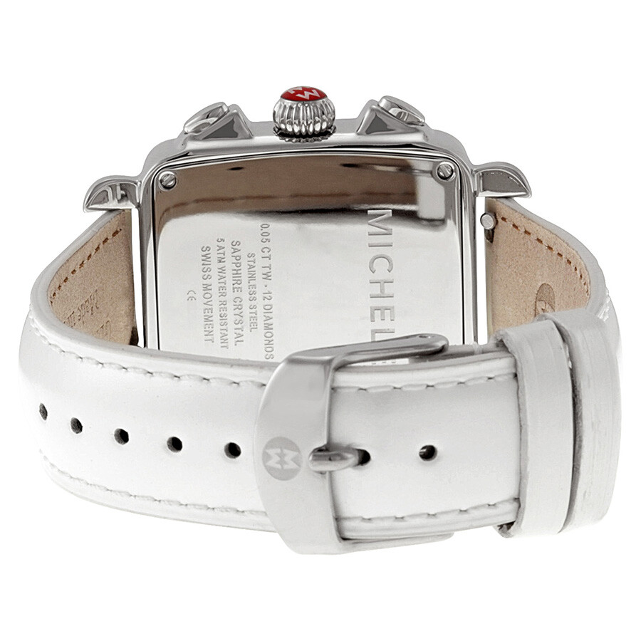 Michele Signature Deco White Mother of Pearl Dial Silver Leather Ladies ...