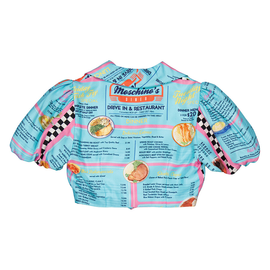 Moschino All-Over Diner Menu Print Cropped Silk Blouse, Brand Size 40 ...