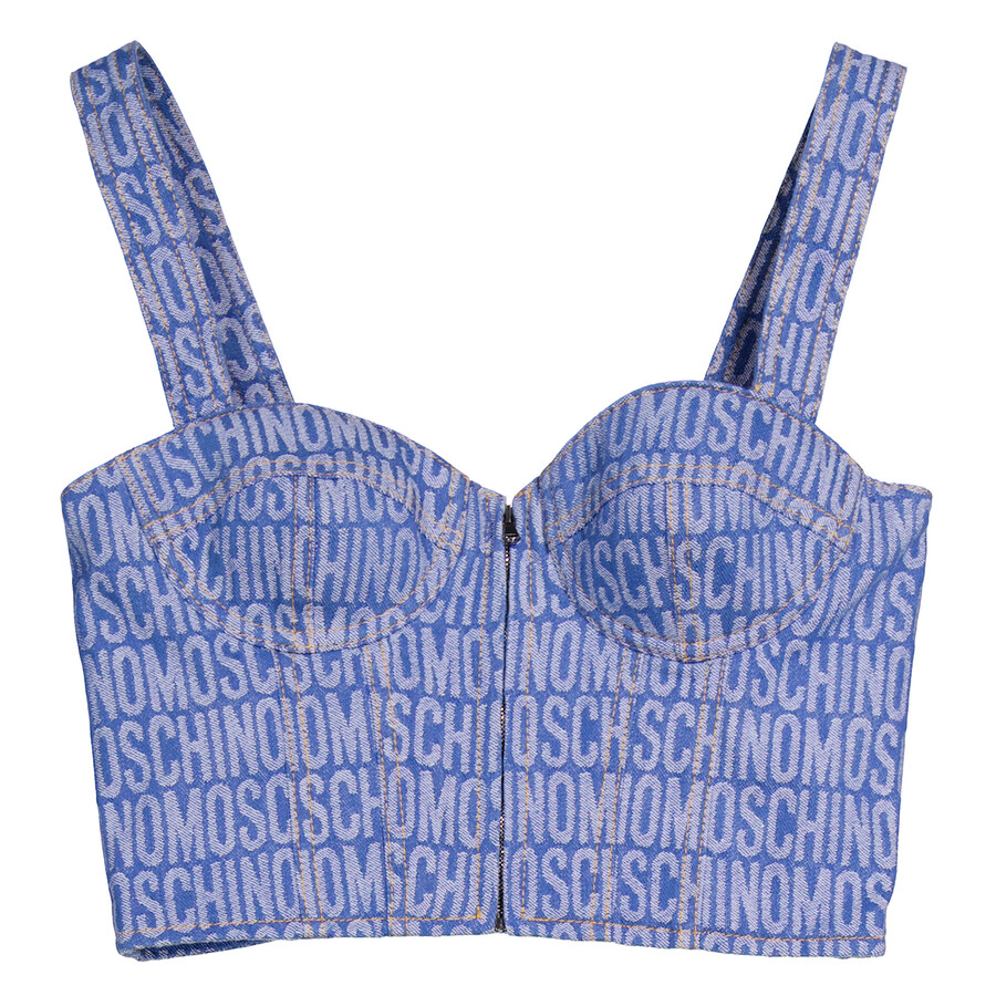 Moschino Ladies Fantasy Print Blue Monogram Denim Cropped Top, Brand ...
