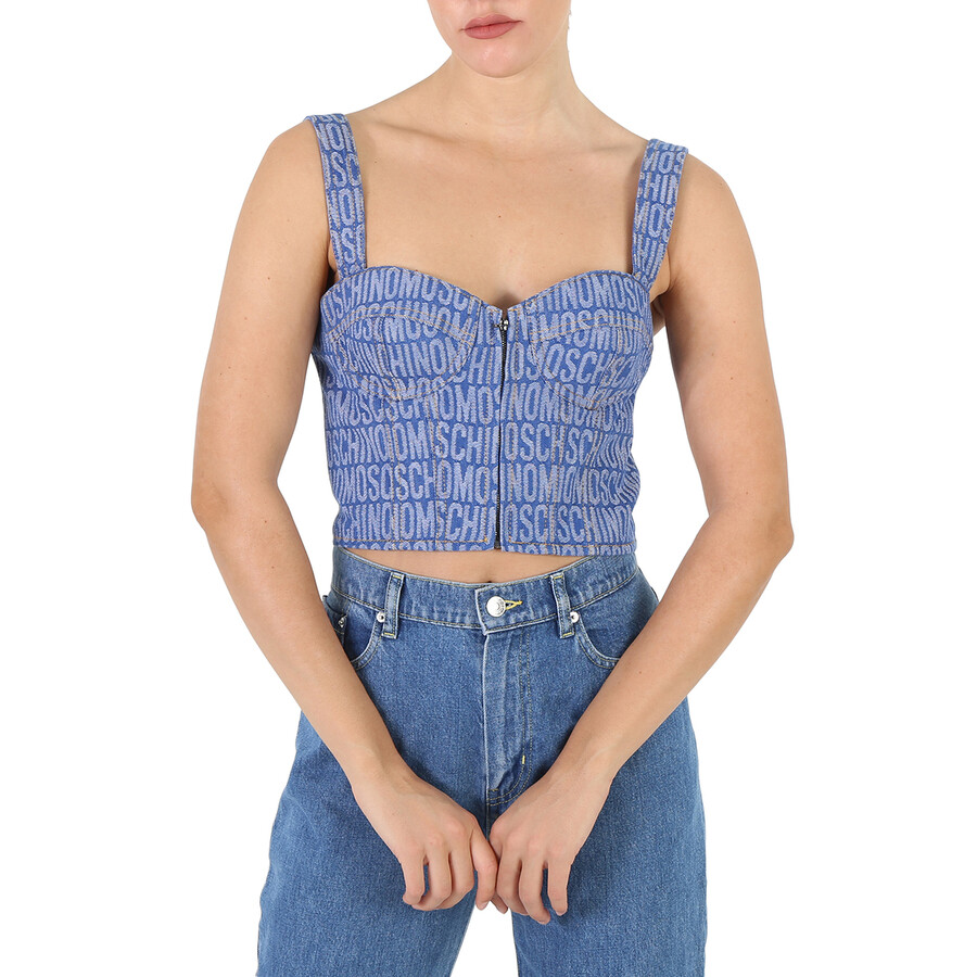 Moschino Ladies Fantasy Print Blue Monogram Denim Cropped Top, Brand ...