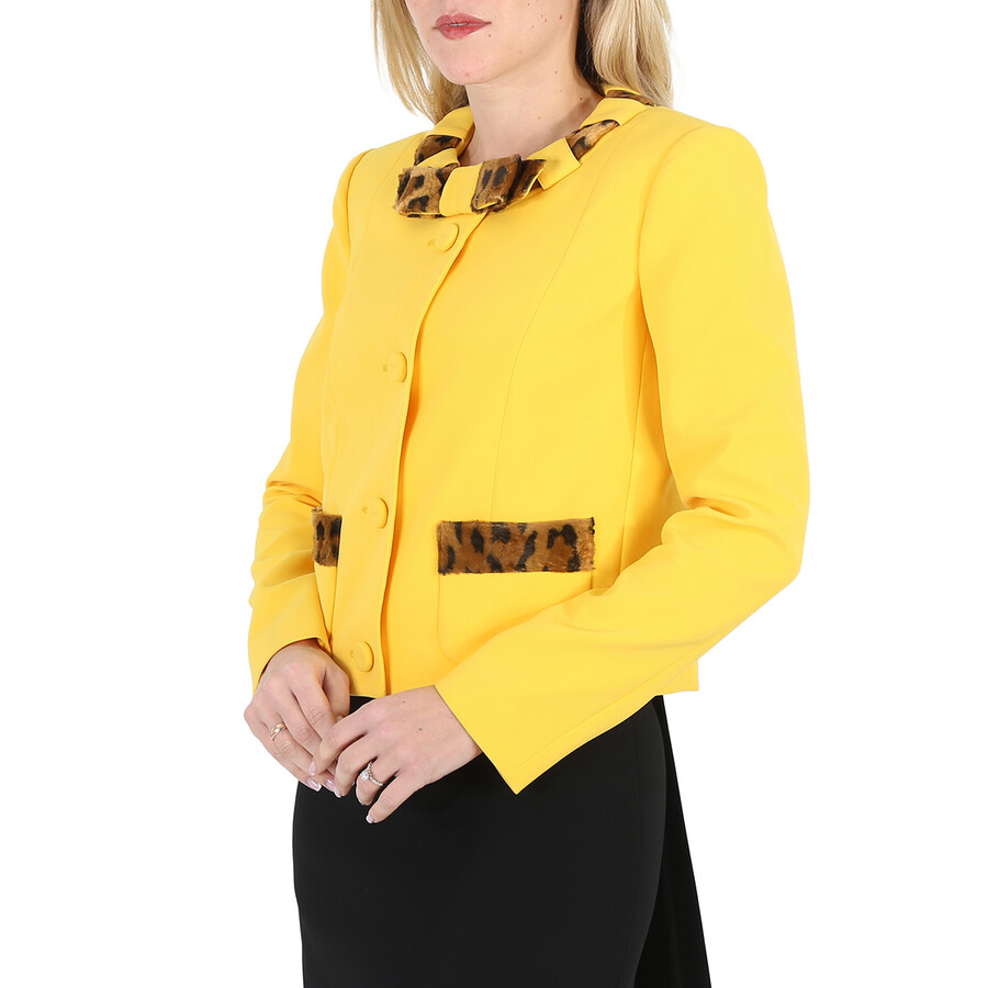 Moschino Ladies Yellow Leopard Print Detail Crepe Blazer, Brand Size 40 ...
