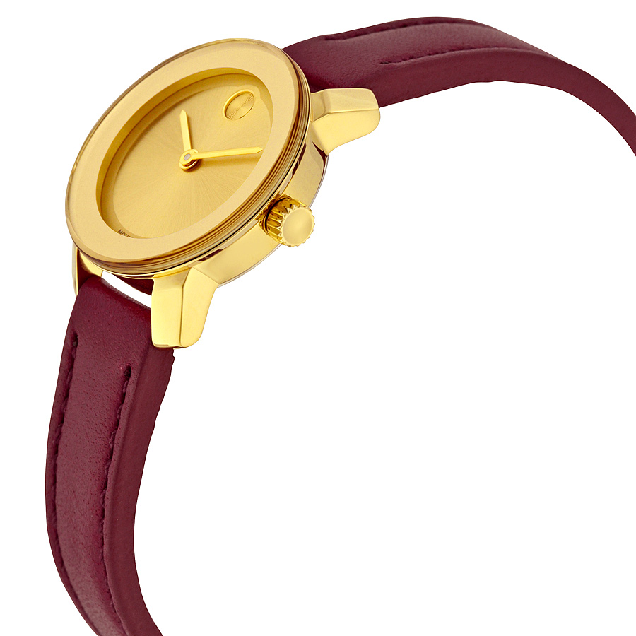 Movado Bold Gold Sunray Dial Burgundy Leather Ladies Watch 3600343 ...