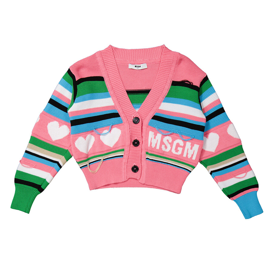 Msgm Girls Rosa/Pink Stripe Logo Cotton Cardigan, Size 10 MS029432-42 - Apparel - Jomashop