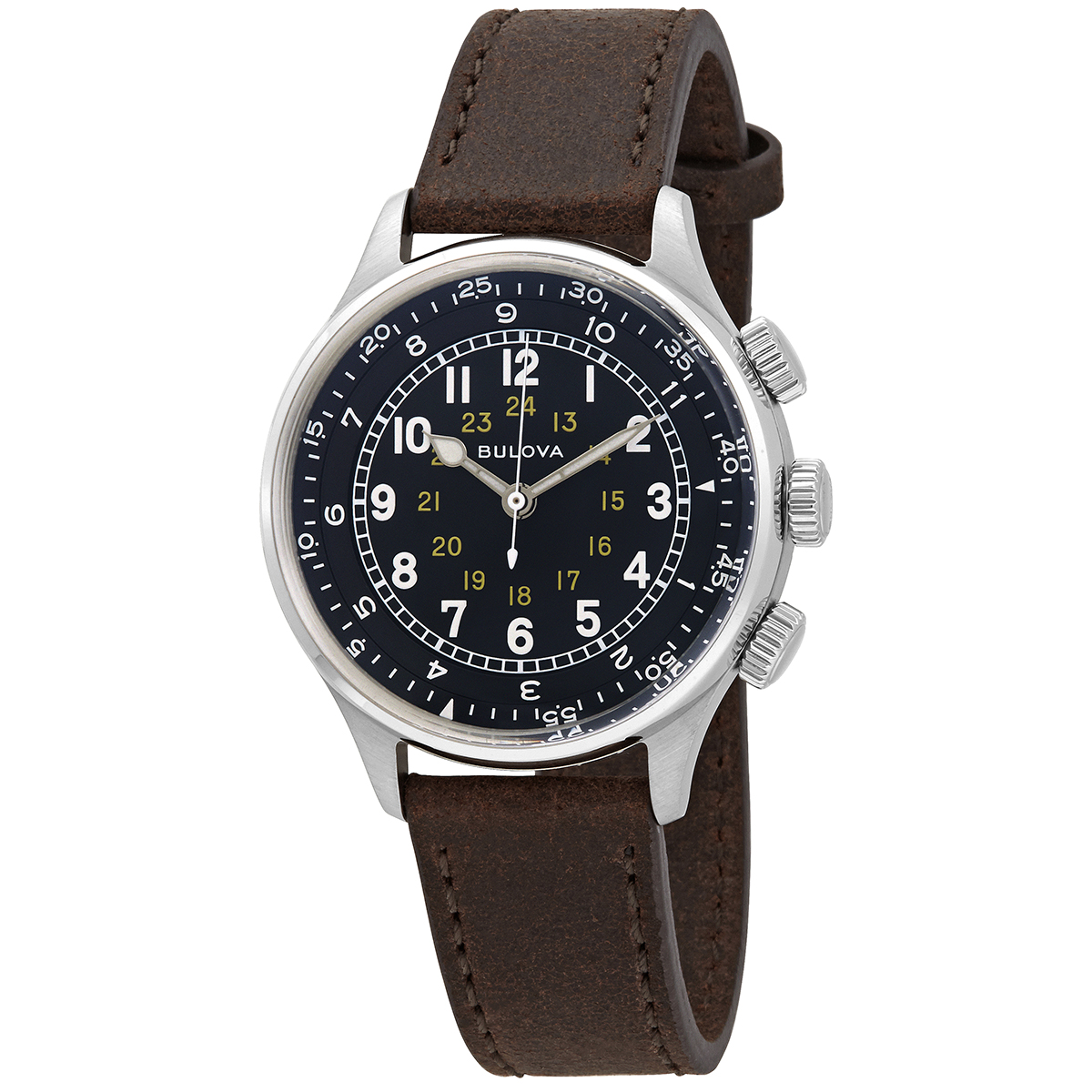 Bulova Open Box - Bulova A-15 Pilot Automatic Black Dial Brown Leather ...