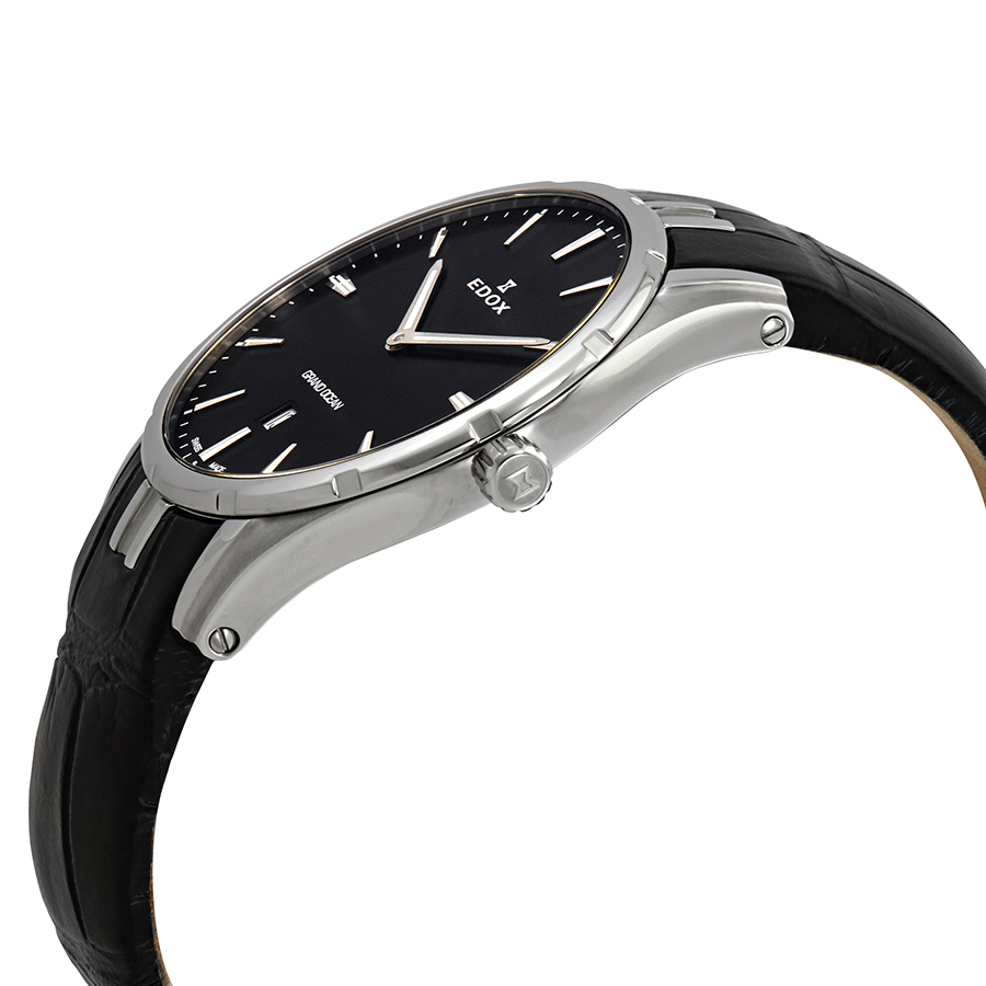 Edox Open Box - Edox Grand Ocean Quartz Black Dial Black Leather Men's ...