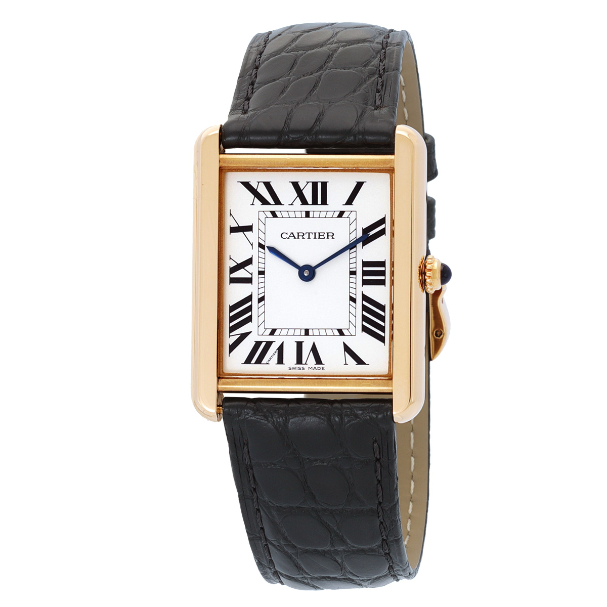 Cartier Pre-owned Cartier Tank Solo Silver Dial 18kt Yellow Gold Black ...