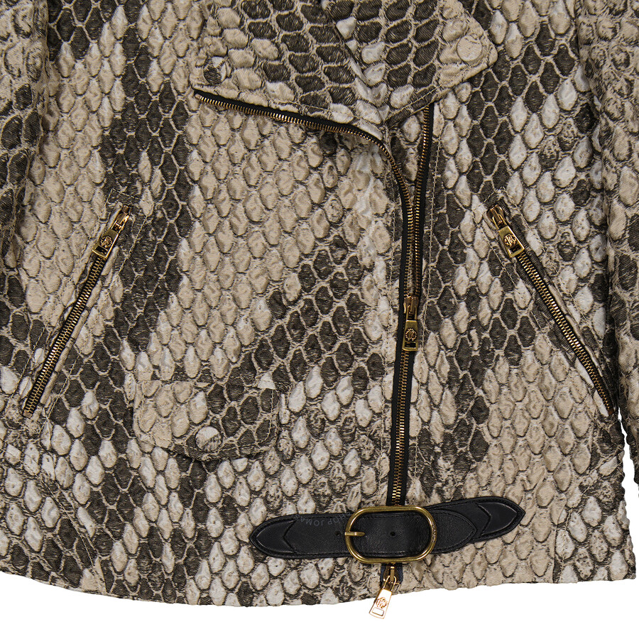 Roberto Cavalli Ladies Taupe Macro Python Print Cloquet Biker Jacket ...