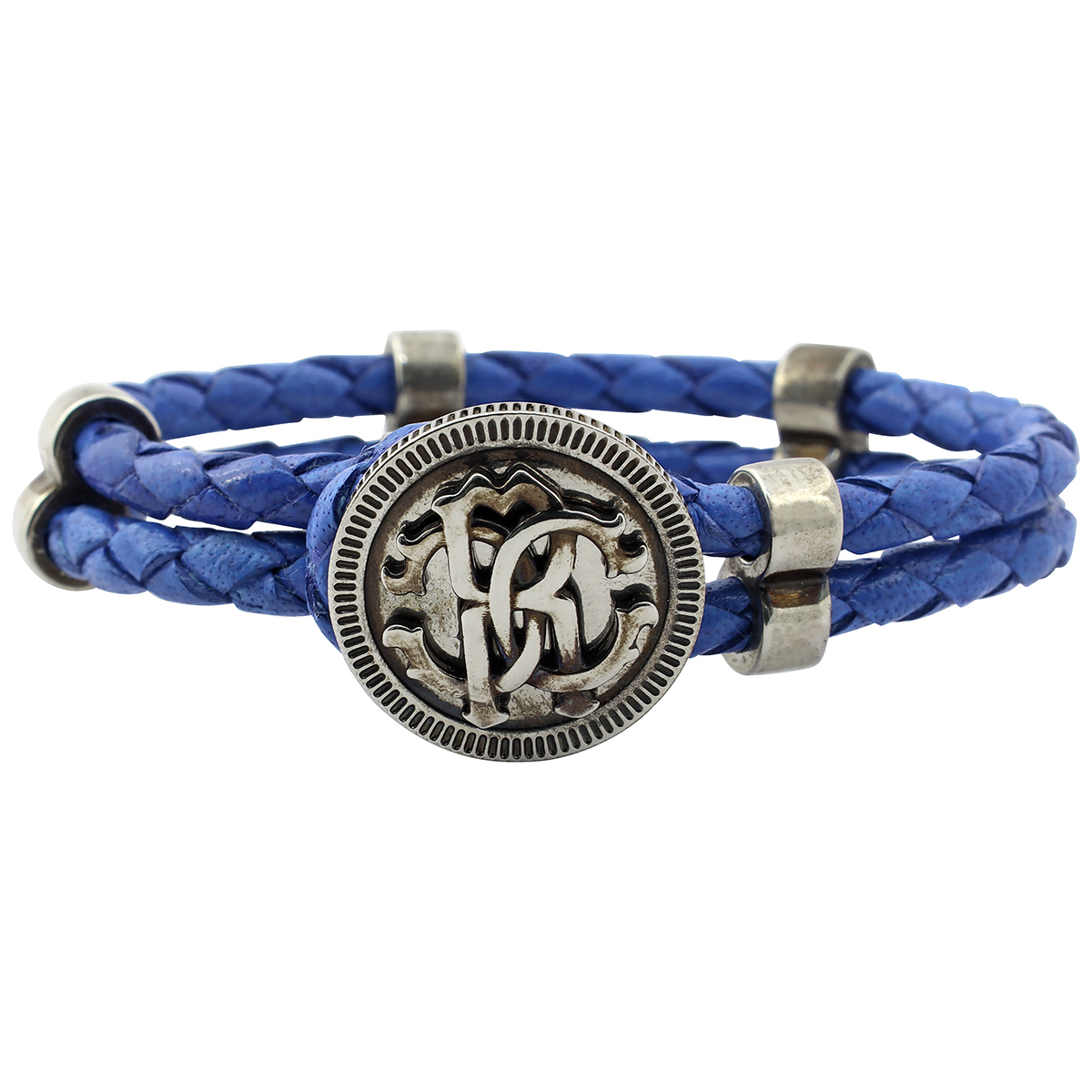 Roberto Cavalli Men's Blue Braided Leather RC Logo Bracelet, Size ...